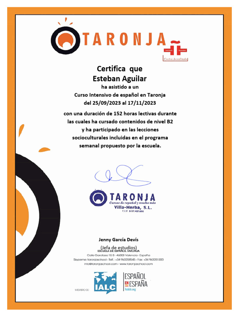 Certificado de Curso de Español B2 | PDF | Comprensión lectora | Lingüística