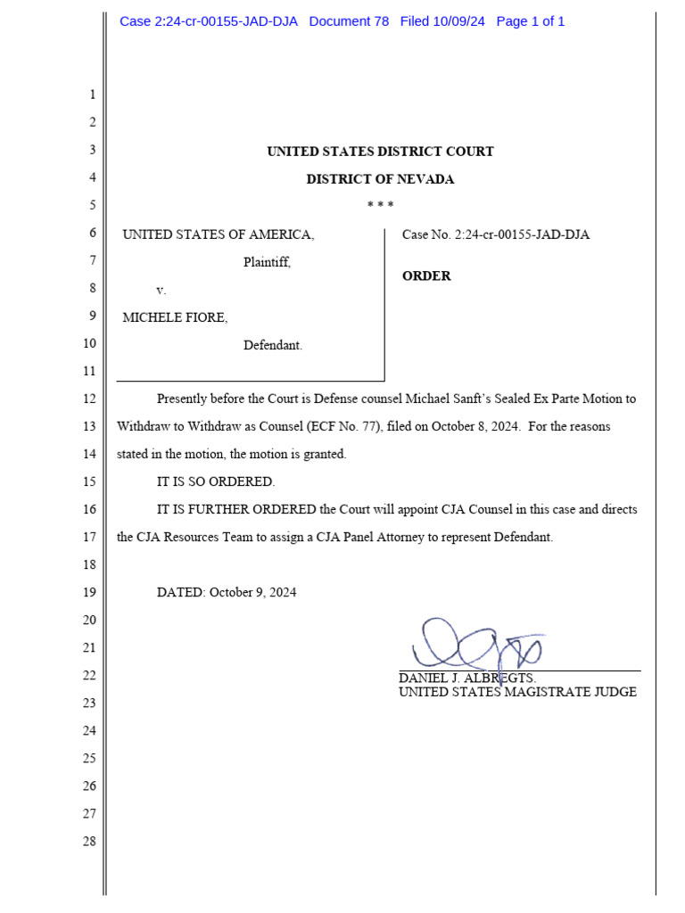 Michael Sanft Withdraws As Michele Fiore's Attorney | PDF
