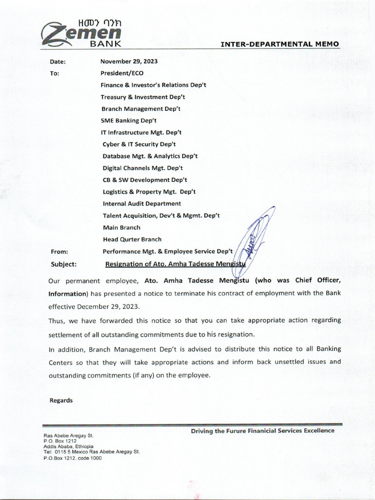 Resignation Letter of Ato Amha Tadesse Mengistu | PDF