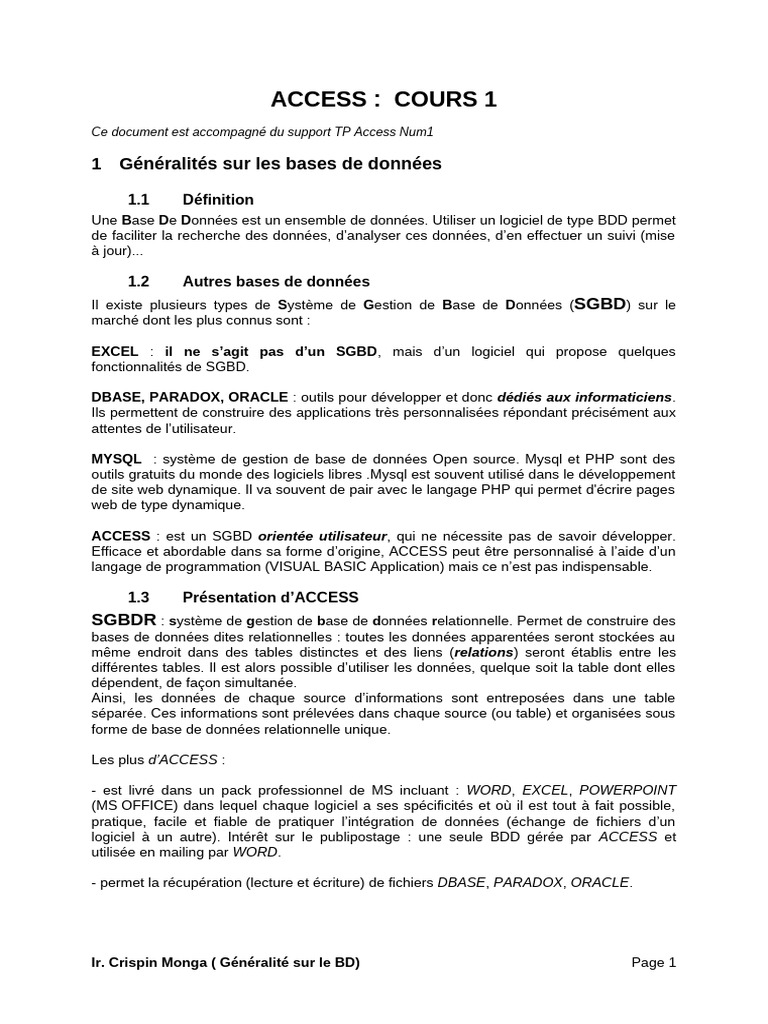 INTRODUCTION ACCESS COURS MMC | PDF