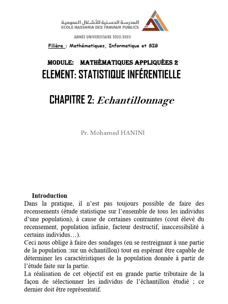 STAT - INFER Ch2 - Echantillonnage EHTP 2022 2023 | PDF