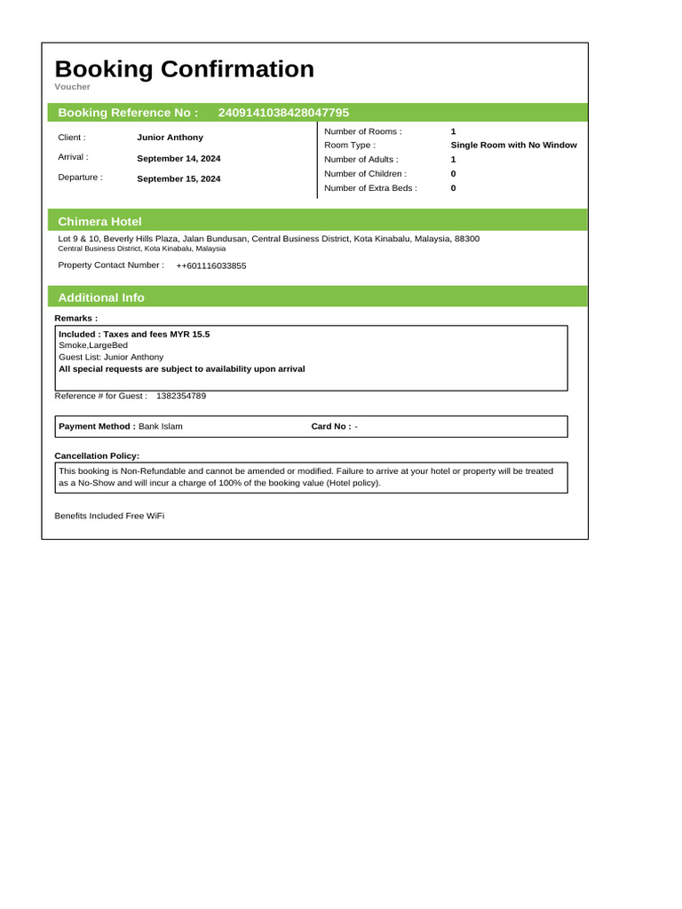 Confirmation For Booking ID # 1382354789 | PDF