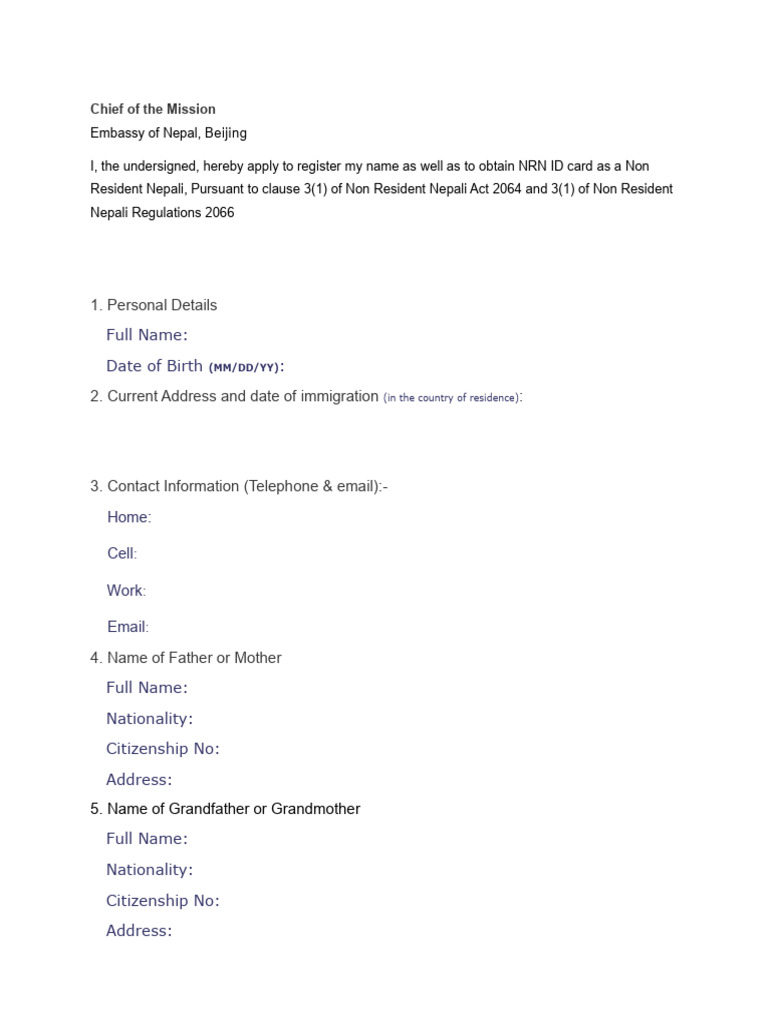 Application Form For NRN Card For Non Resident Nepali | PDF