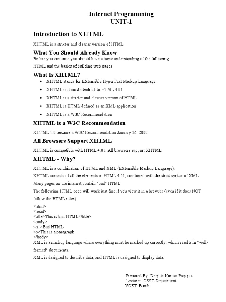 Internet Programming Unit 1 Introduction To Xhtml What You Should