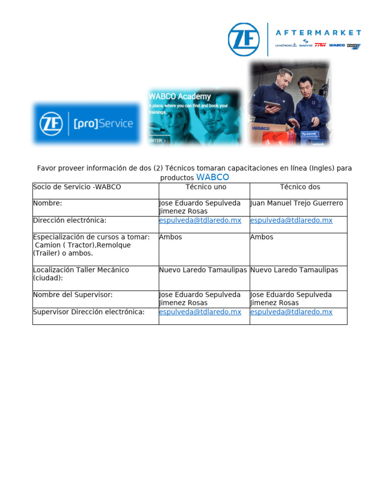 Formato Información de Técnicos - Capacitación WABCO Service Partner | PDF