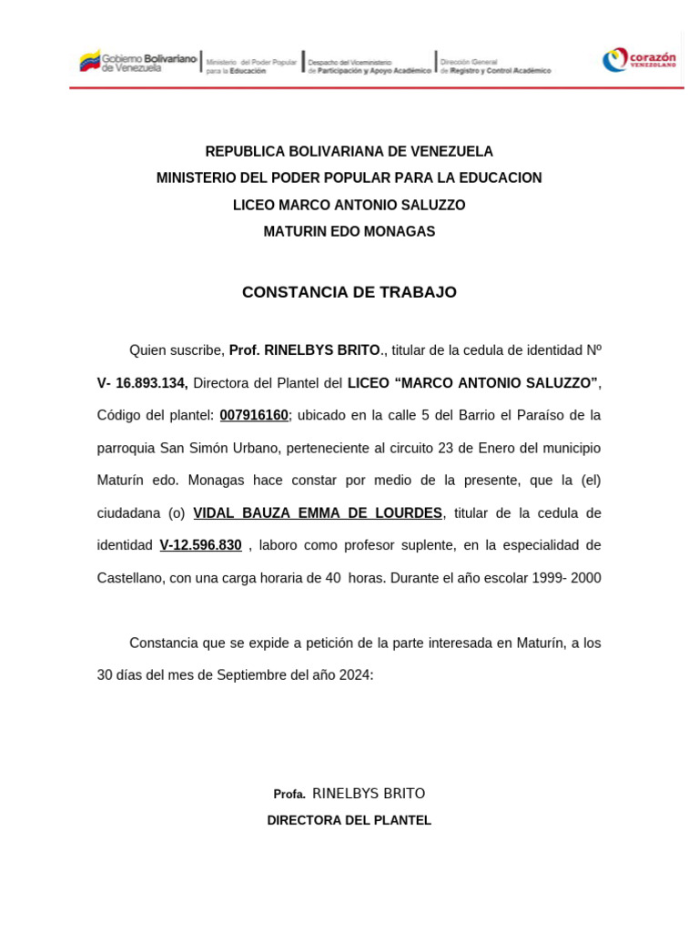 Constancia de Trabajo Emma Vidal | PDF