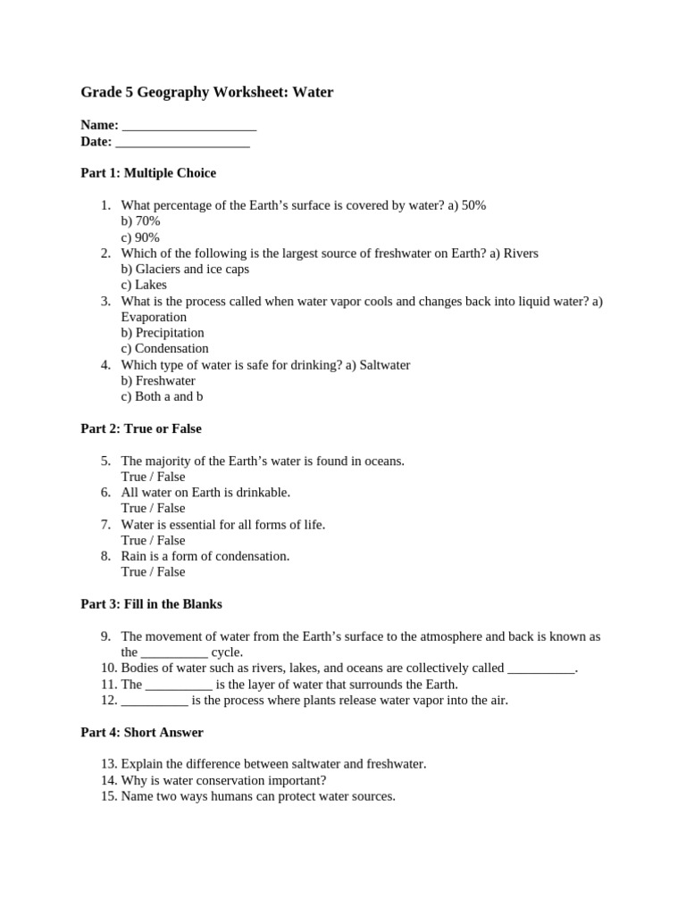 Grade 5 Geography Worksheet | PDF