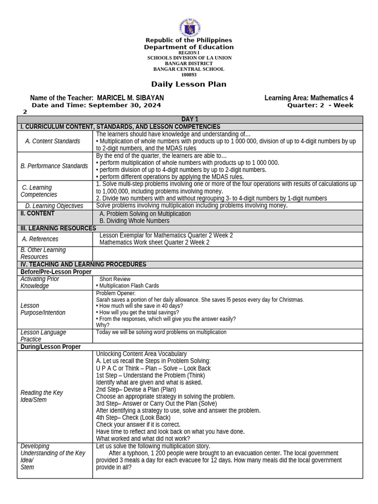 Daily Lesson Plan-Q2-Wk2-Math | PDF