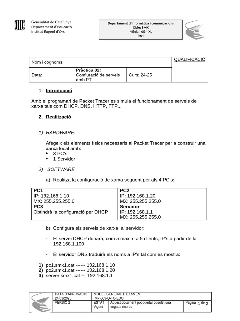 Pràctica - 2 - Configuració de Serveis Amb Packet Tracer | PDF