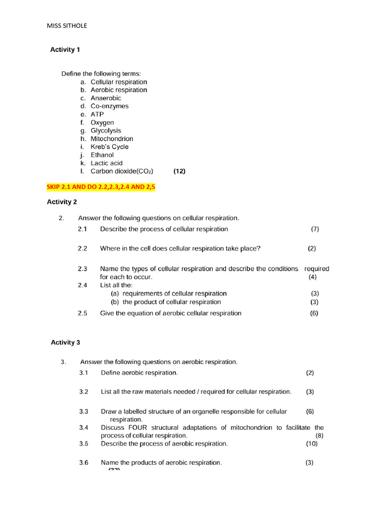CELLULAR RESPIRATION ACTIVITY A 1 | PDF