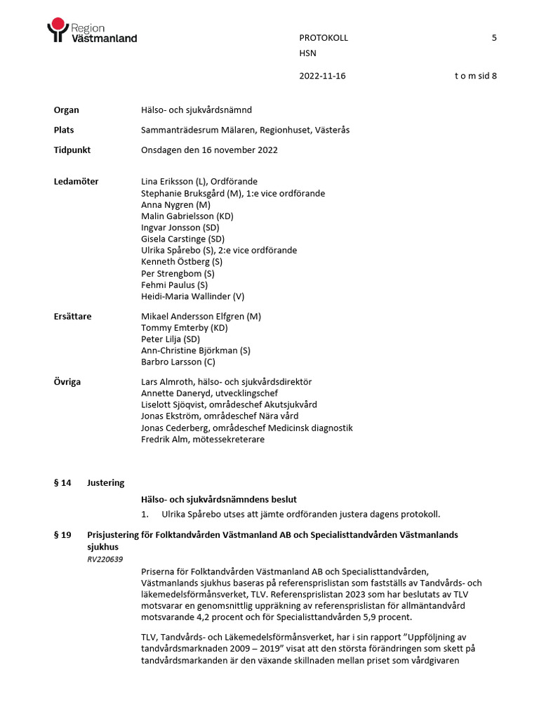 Protokoll Hälso - Och Sjukvårdsnämnden 2022-11-16 19 | PDF