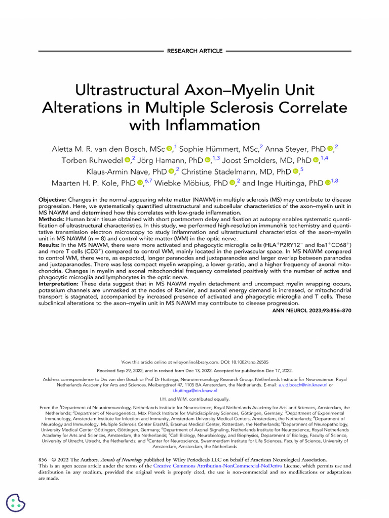 Ultrastructural Axon-Myelin Unit Alterations in Multiple Sclerosis ...