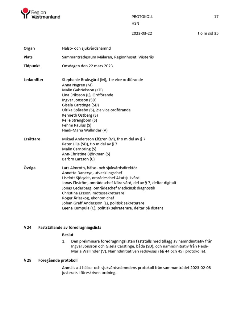 Protokoll Hälso - Och Sjukvårdsnämnden 2023-03-22 | PDF