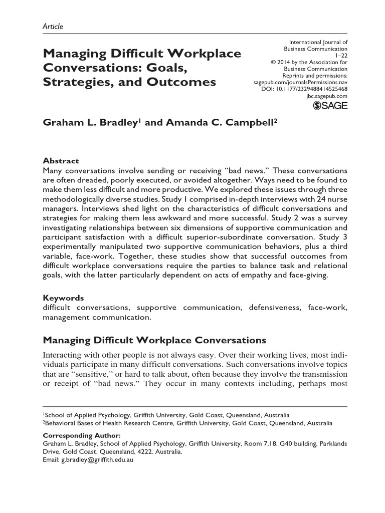 Managing Difficult Conversations Bradley2014 | PDF
