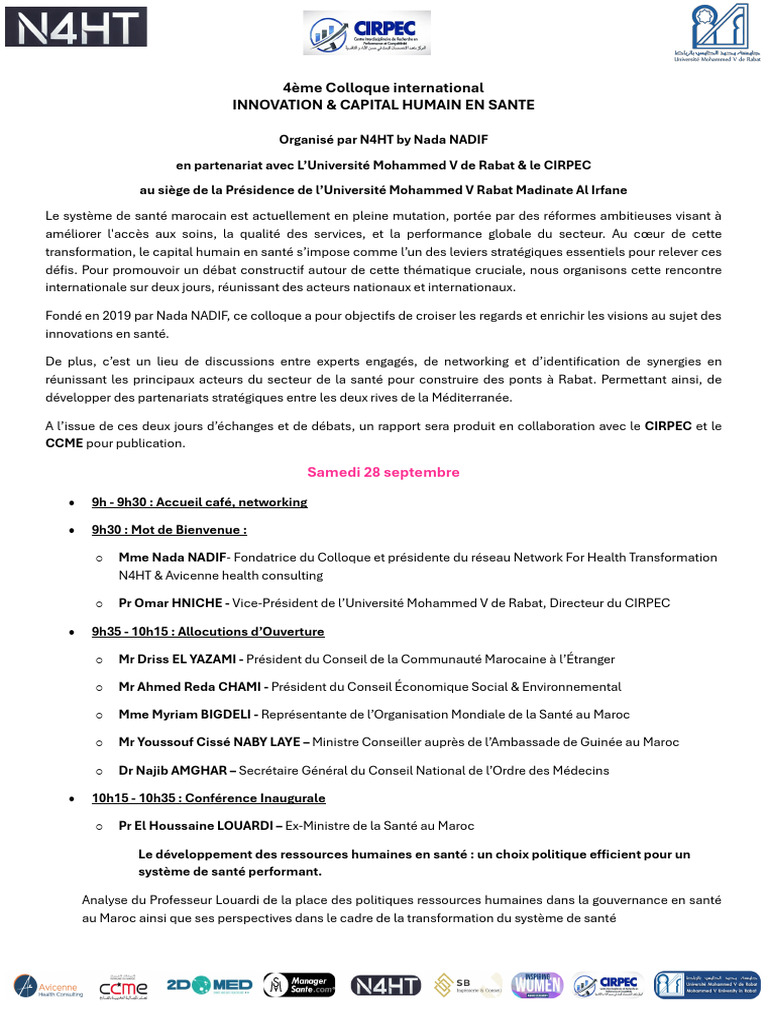 Programme Colloque Capital Humain en Sante Nada Nadif 2024 | PDF