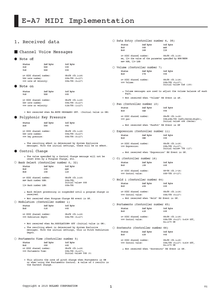E-A7 MIDI Implementation E01 W | PDF