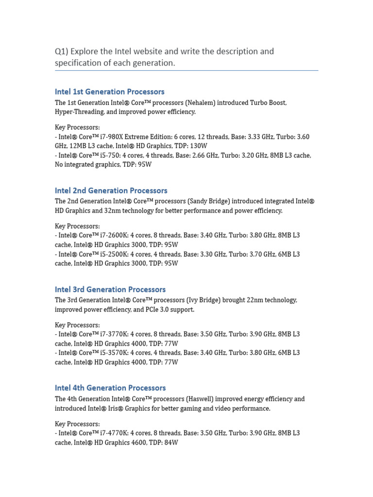 Q1) Explore The Intel Website and Write The Description and ...