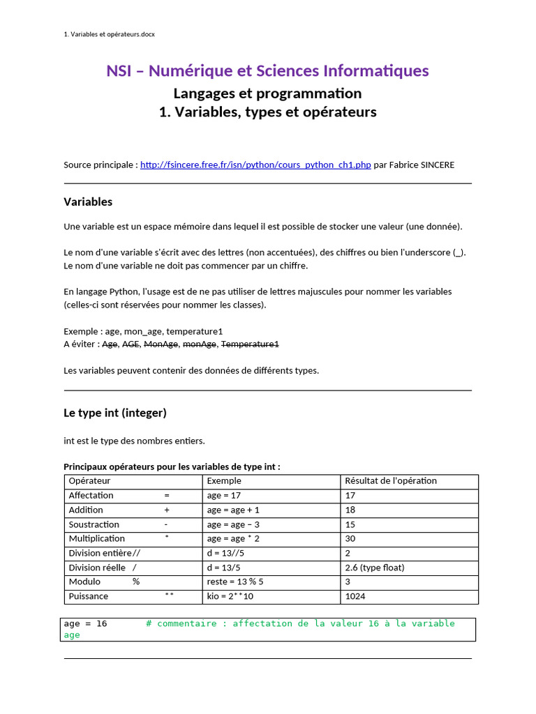 NSI - Numérique Et Sciences Informatiques: Langages Et Programmation 1. Variables, Types Et ...