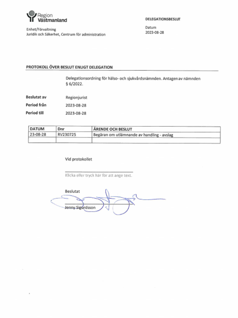 Bilaga 1 Protokoll Över Beslut Enligt Delegation | PDF