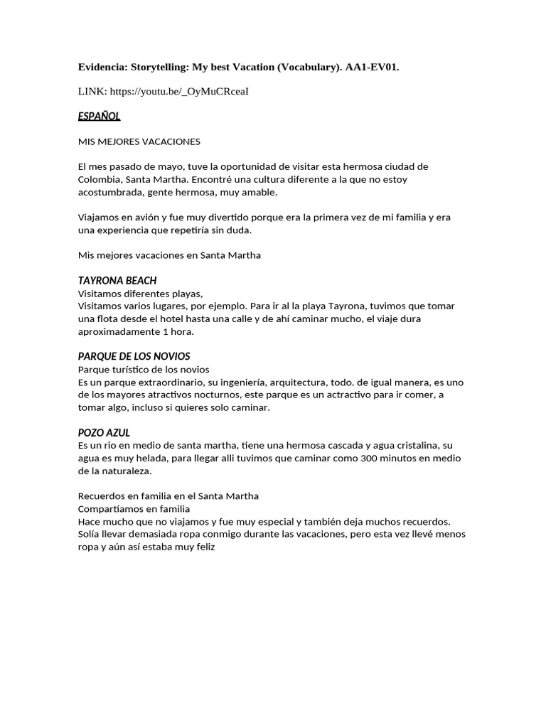 Evidencia - Storytelling - My Best Vacation (Vocabulary) - AA1-EV01 | PDF