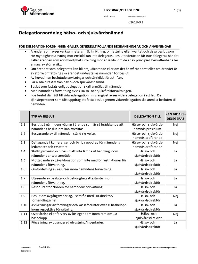 Bilaga 1 Delegationsordning Hälso - Och Sjukvårdsnämnd | PDF