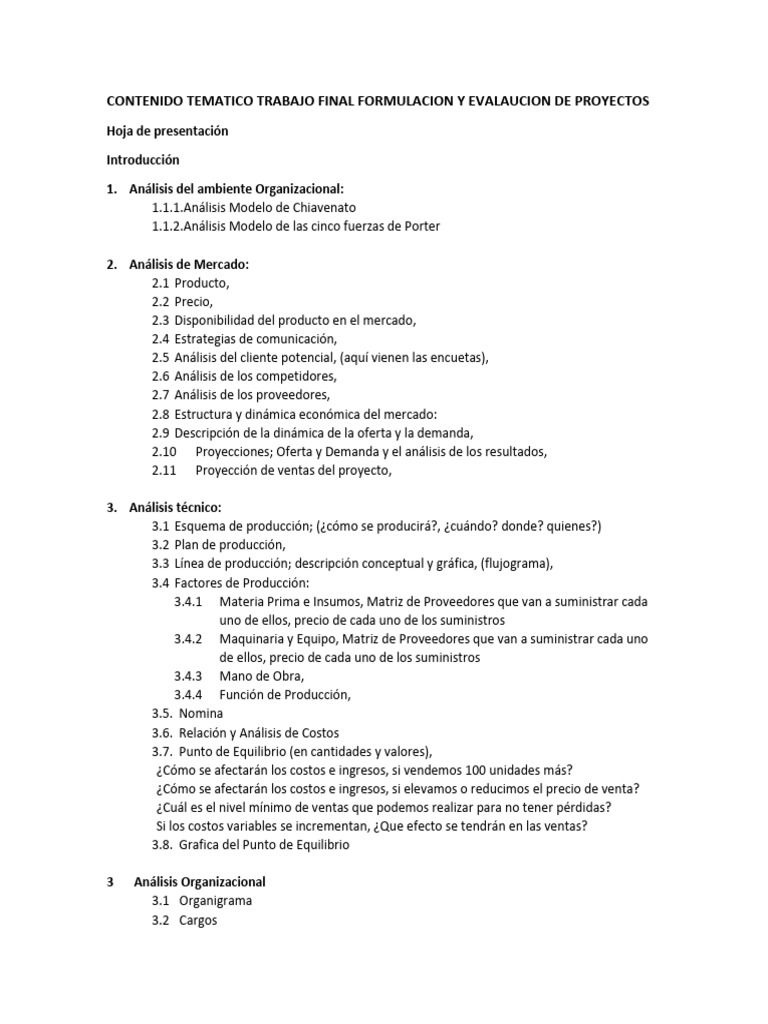 Contenido Tematico Trabajo Final Formulacion y Evalaucion de Proyectos ...