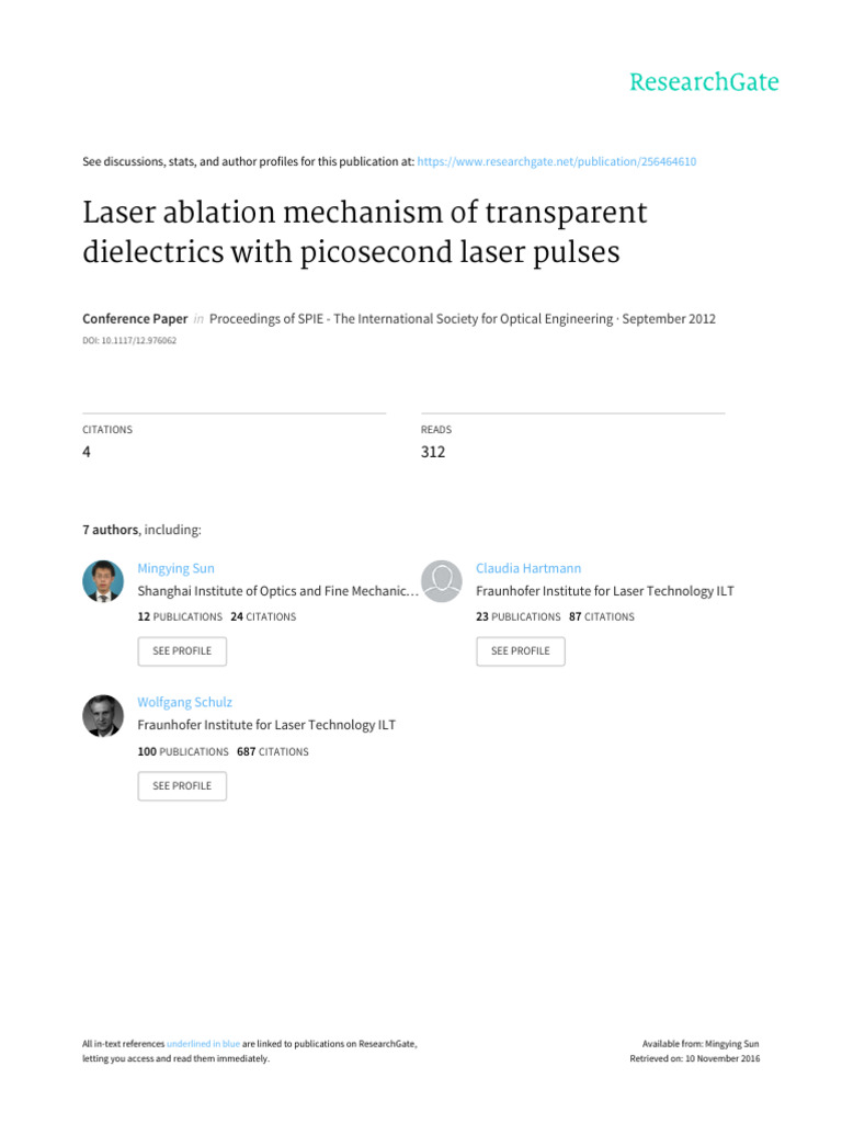 Laser Ablation Mechanism of Transparent Dielectrics With Picosecond Laser Pulses | PDF