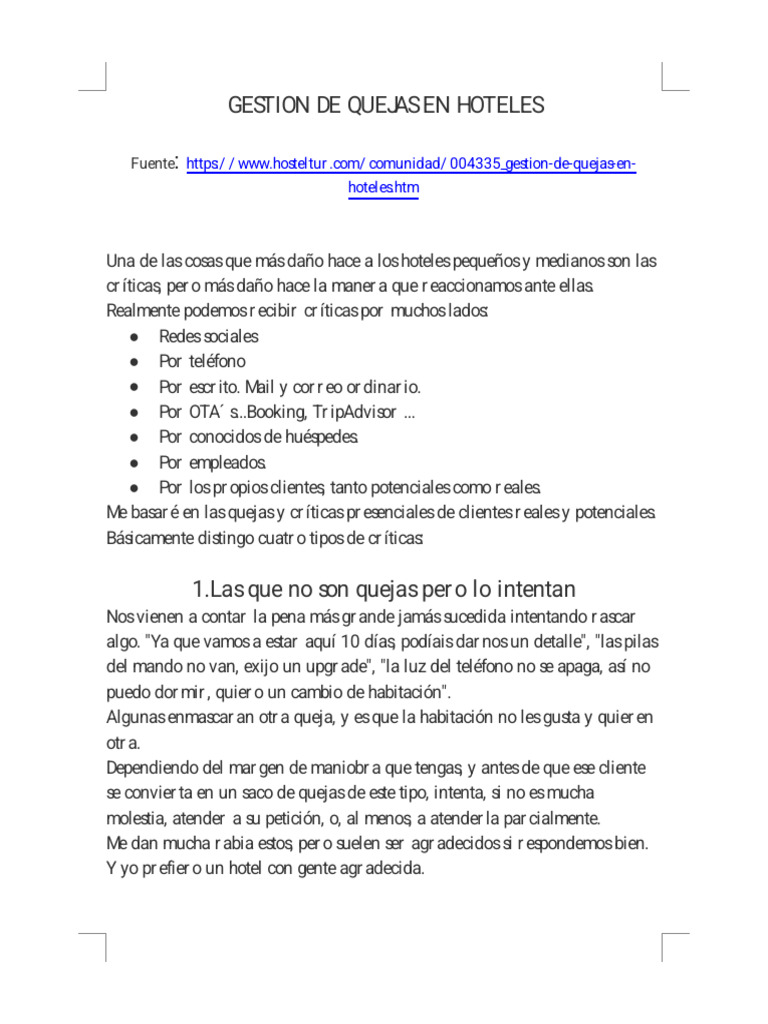 Gestion de Quejas en Hoteles ( | PDF