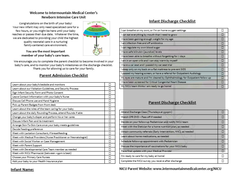 NICU Parent Checklist Horizontal | PDF