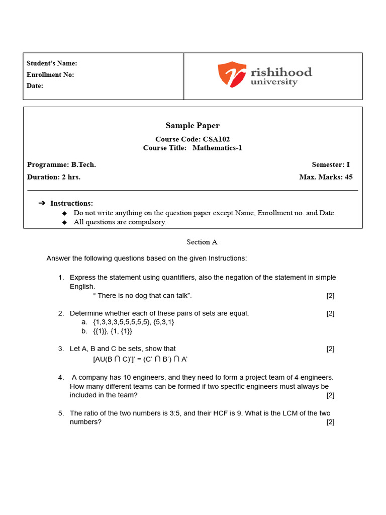 Maths Sample Paper RU | PDF