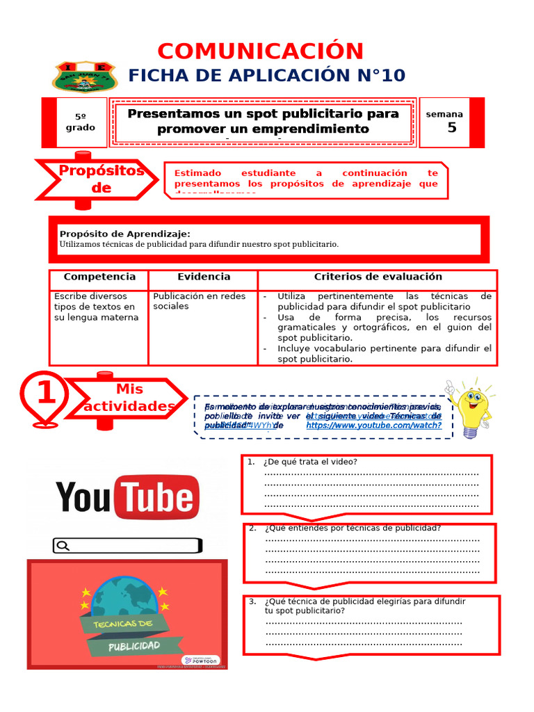 5° Ficha de Aplicación-Sesión10-Sem.4-Unidad.5-Com | PDF