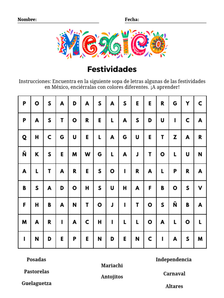 Sopa de letras de festividades | PDF