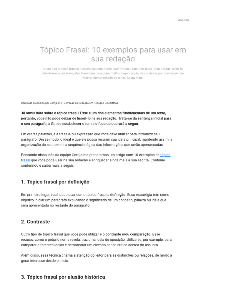 Tópico Frasal - 10 Exemplos para Usar em Sua Redação | PDF