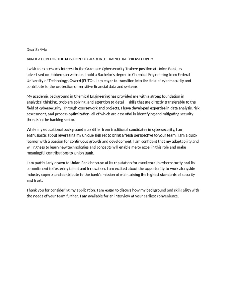 Union Bank Cover Letter | PDF