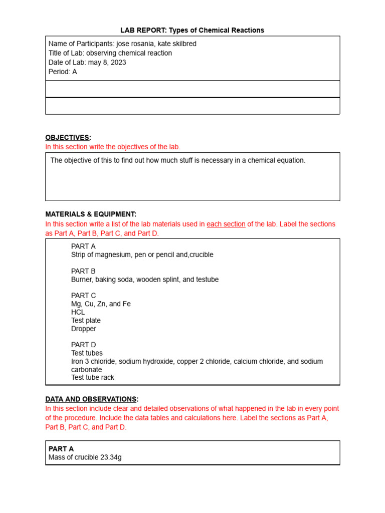 Types of Reactions Lab | PDF