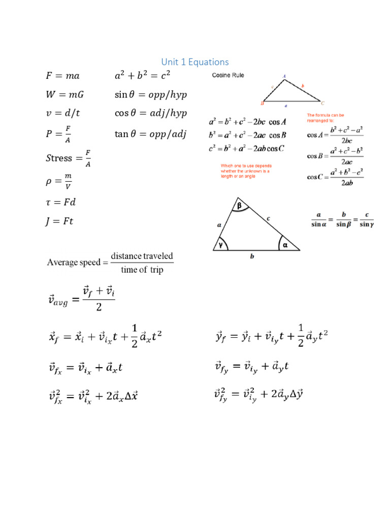 KIN3311 Unit 1 Equation Sheet | PDF