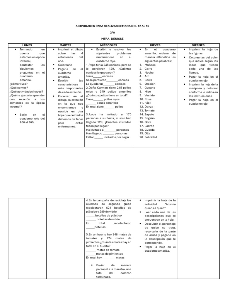 Actividades Para Realizar Semana Del 12 Al 16 Pdf