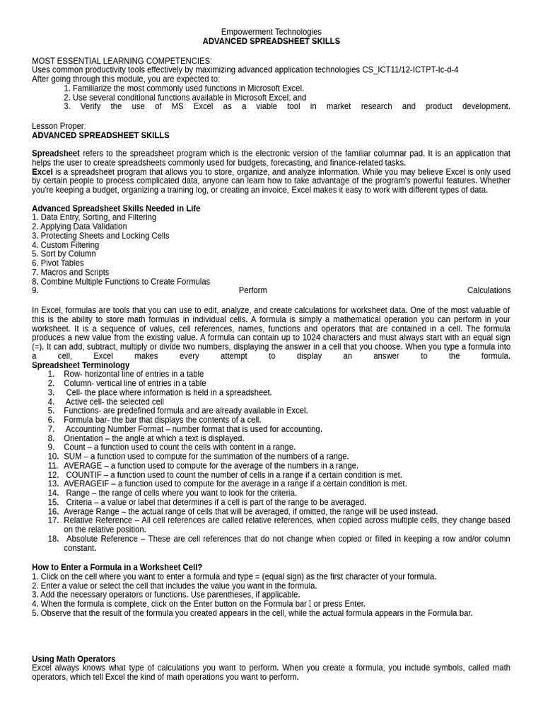 Emptech Advanced Spreadsheet Skill | PDF