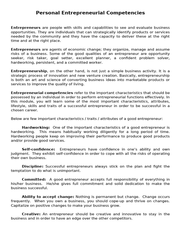 Personal Entrepreneurial Competencies | PDF | Entrepreneurship | Brand