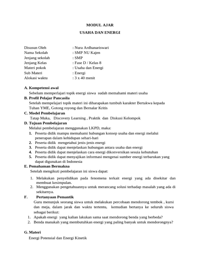 Modul Ajar Usaha Dan Energi | PDF
