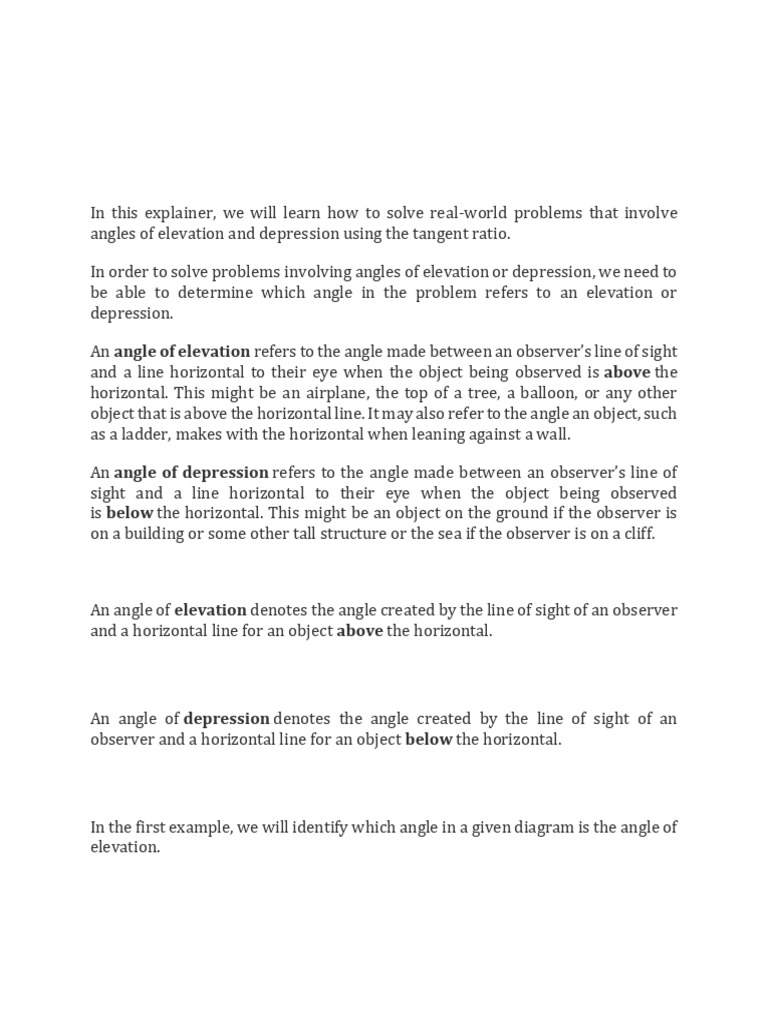 Lesson Explainer Angle of Elevation and Depression | PDF
