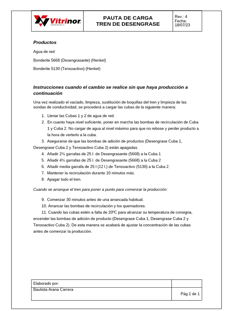 PR001 Carga Tren de Desengrase CMN | PDF