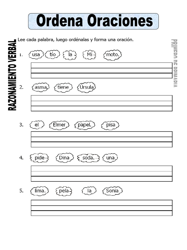 Ficha de Ordenar Oraciones para Primero de Primaria | PDF