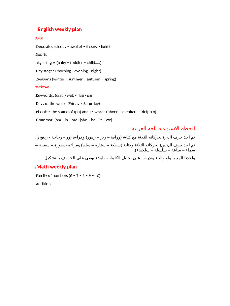 English Weekly Plan | PDF
