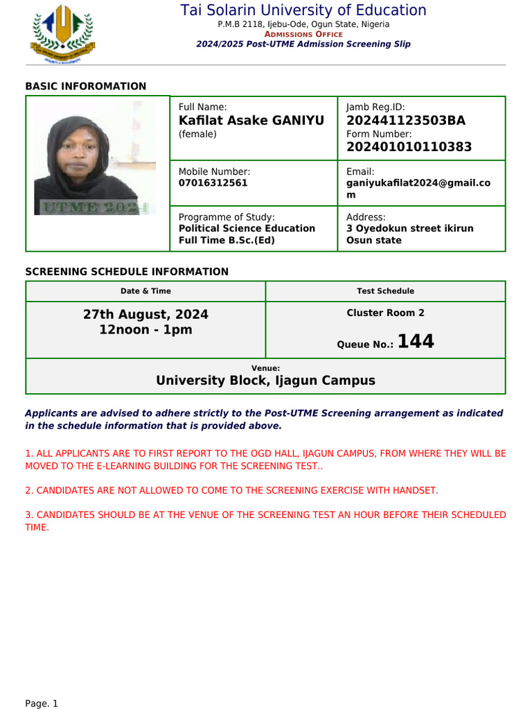 Screening Slip | PDF