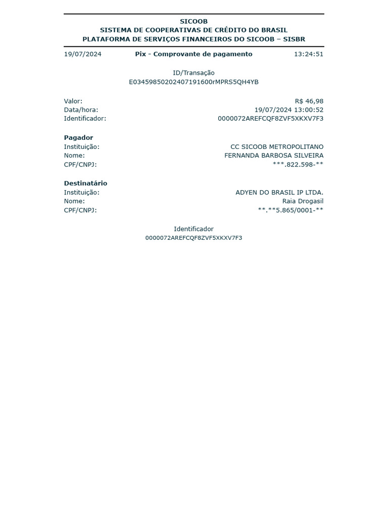 Sicoob Comprovante (19-07-2024 13-24-56) | PDF