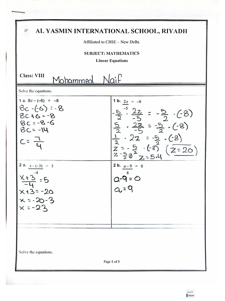 Chapter-2 Linear Equations Worksheet | PDF