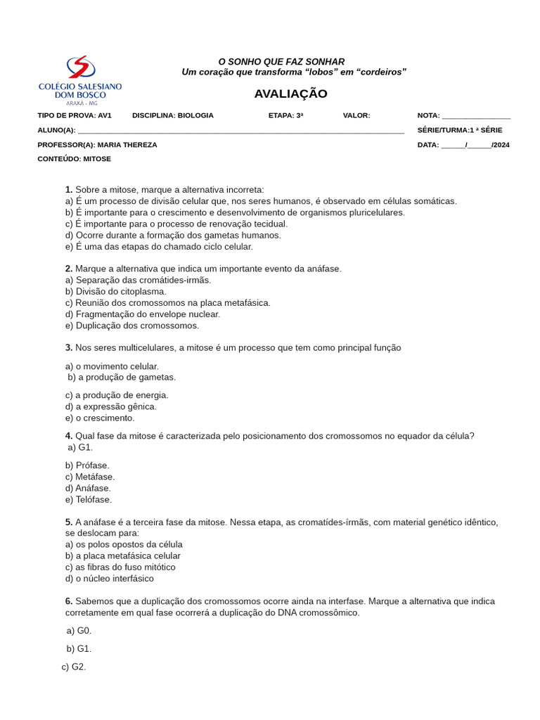 Av1 Biologia 3 Etapa - 1º Ano - Adaptada | PDF