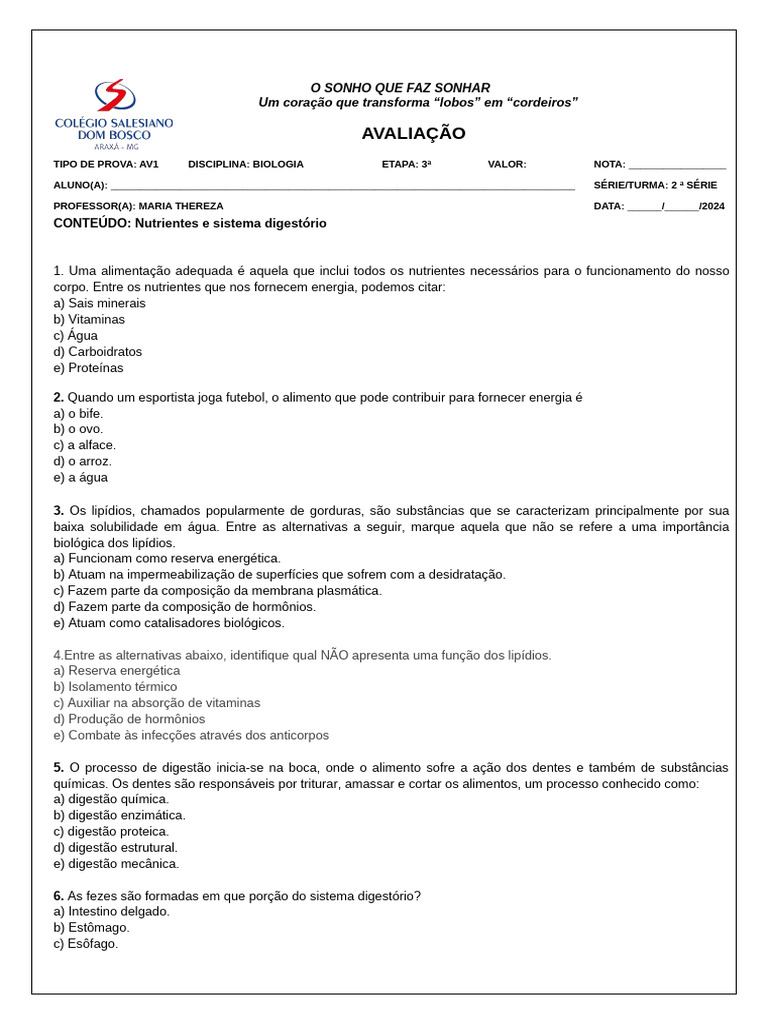 Av1 - Adaptada - Biologia - 2º Ano | PDF