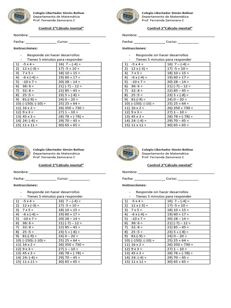 Control de Cálculo Mental para Estudiantes | PDF